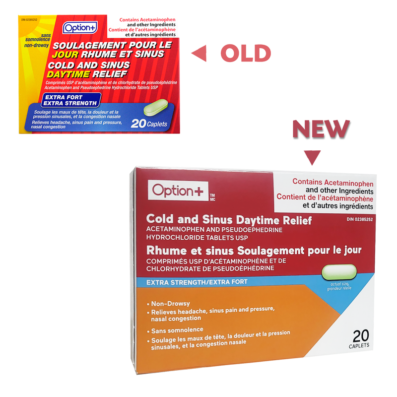 Option+ Extra Strength Cold & Sinus Daytime Relief | 20 Caplets – White ...