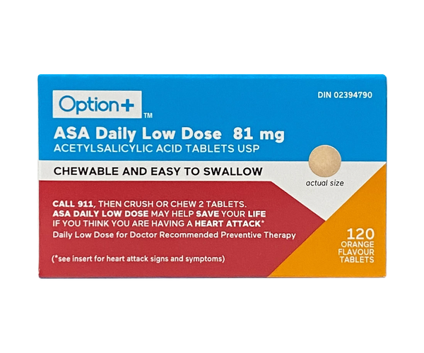 Option+ ASA Daily Low Dose 81 mg, Orange Flavour | 120 Tablets – White ...