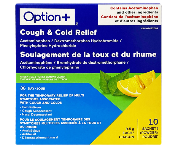 Option+ Cough & Cold Relief, Green Tea & Honey Lemon Flavour | 10 Sach ...