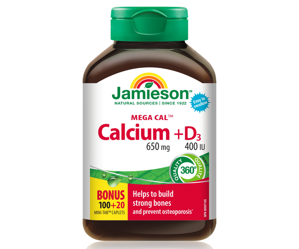 Jamieson - Mega Cal Calcium + D3 650 mg & 400 IU | 100 + 20 Mini-Tab C ...