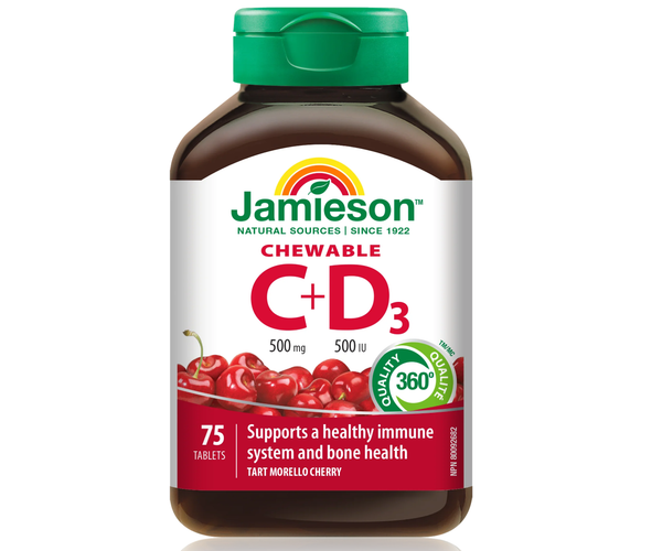 Jamieson - Chewable Vitamin C 500 mg + Vitamin D3 500 IU - Tart Morell ...