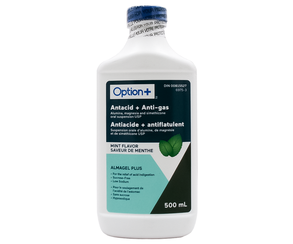 Option+ Antacid Plus Anti-Gas Liquid, Mint Flavour | 500 mL – White ...